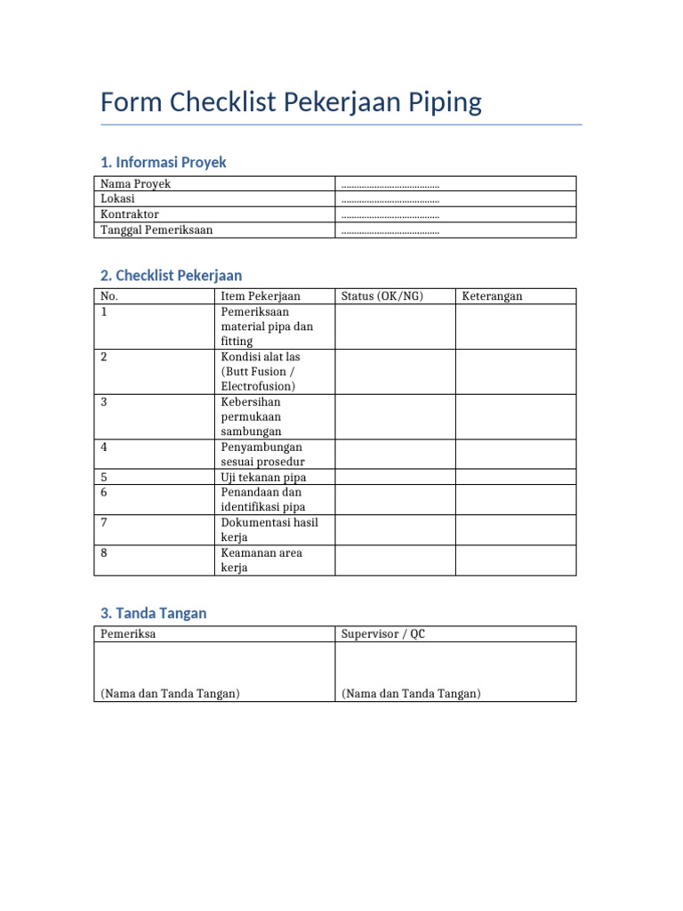 Form_Checklist_Pekerjaan_Piping | PDF