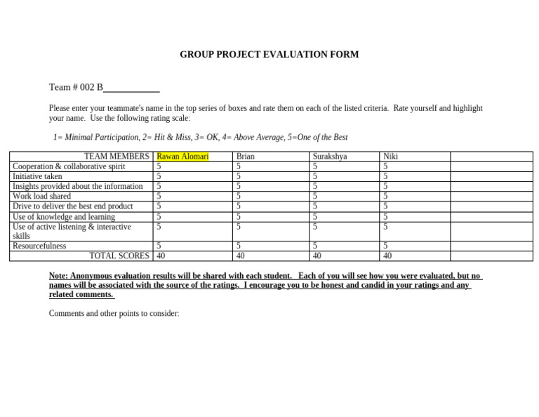 Group Project Evaluation Form | PDF
