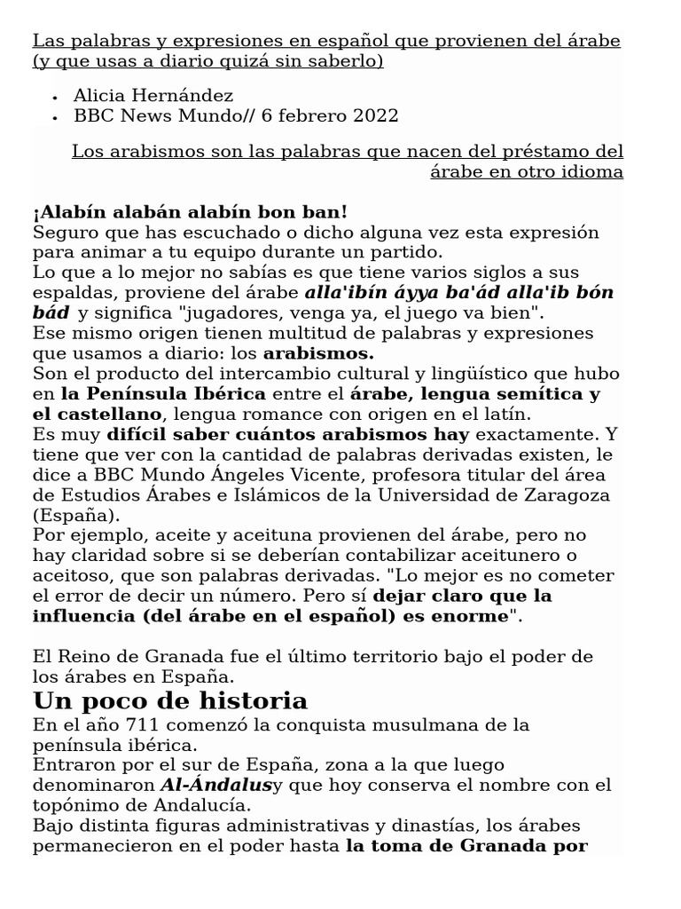Las Palabras y Expresiones en Español Que Provienen Del Árabe | PDF ...