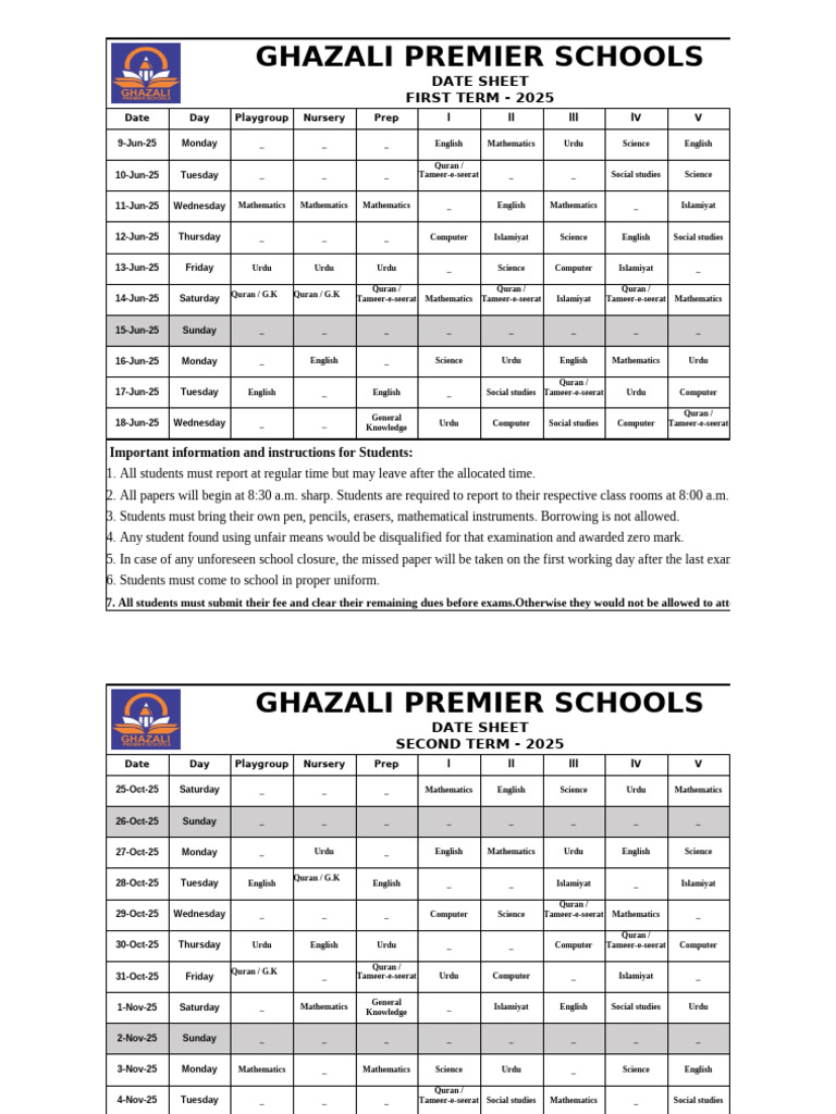 Date Sheet 1st, 2nd, 3rd Term 2025 | PDF