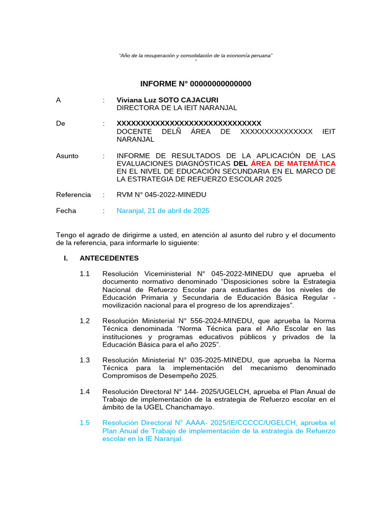 Formato para Informe Resultados de La Evaluación Diagnóstica A NIVEL IEI | PDF | Enseñando ...