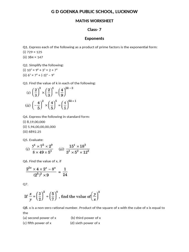 Class 7 Exponents and Powers Worksheet | PDF