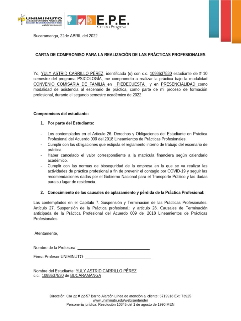 Carta de Compromiso Yuly Astrid Carrillo Pérez. | PDF