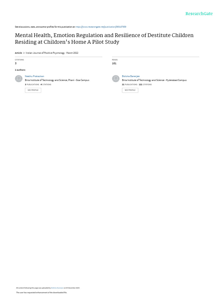 Mental Health Emotion Regulation and Resilience of Destitute Children ...