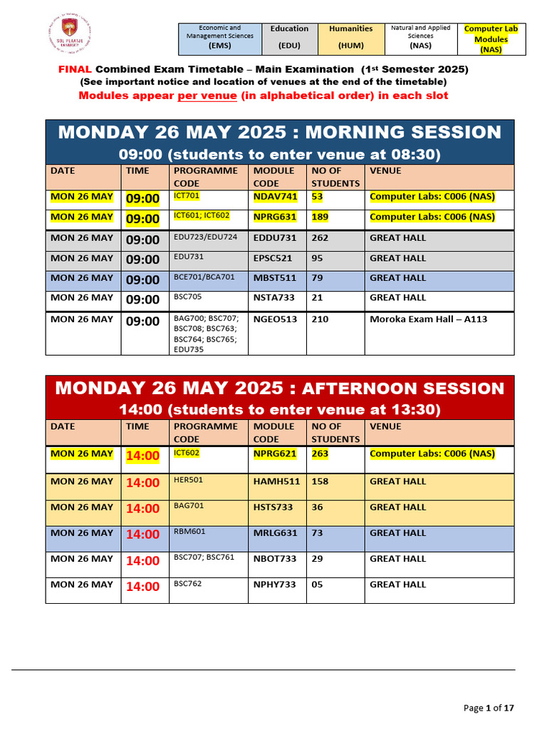 2025 1st Year Exam Timetable | PDF | Academic Term | Qualifications