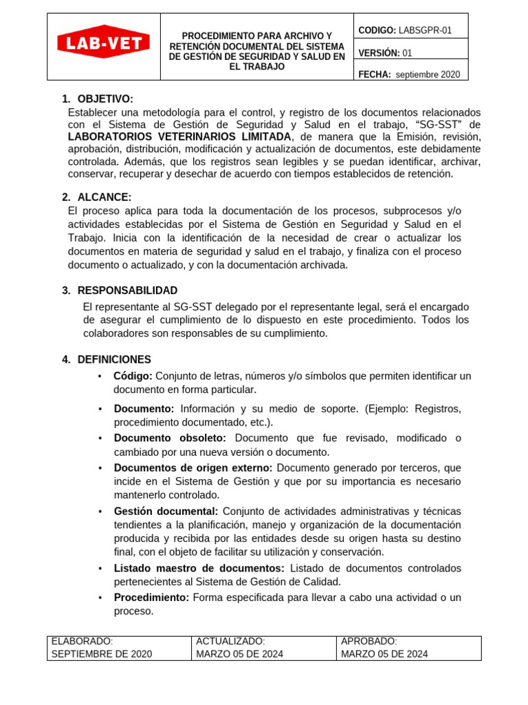 Labsgpr-01 Procedimiento para Archivo y Retención Documental Del SGSST ...