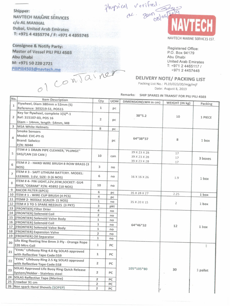PL19 - 023 - PILI PILI 4503 - Packing List - Navtech To Al Manhal 07.08 ...