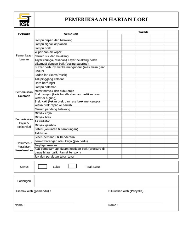 Senarai Pemeriksaan Harian Lori | PDF