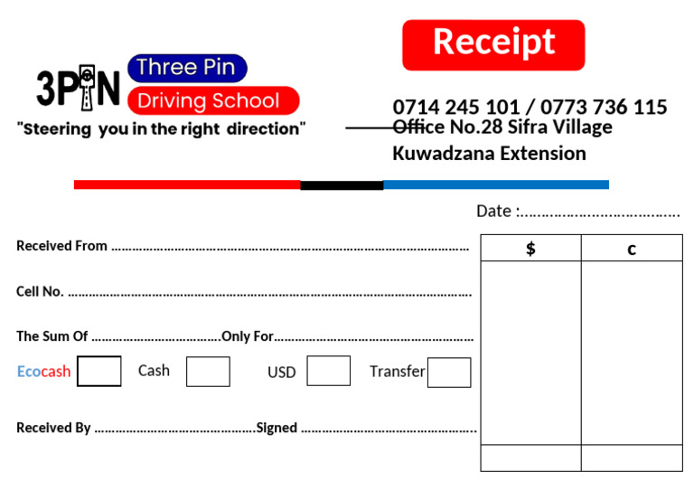 3 Pin Driving School Receipt Book | PDF