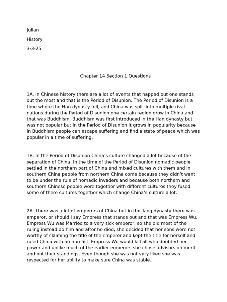 History Chapter 14 Section 1 Questions | PDF | Emperor Of China | Han ...