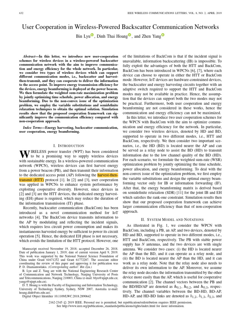 User Cooperation in Wireless-Powered Backscatter Communication Networks | PDF | Signal To Noise ...
