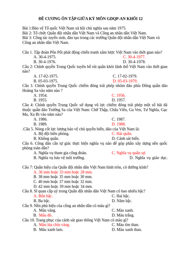 1.1 ĐỀ CƯƠNG ÔN TẬP GIỮA KỲ MÔN GDQP | PDF