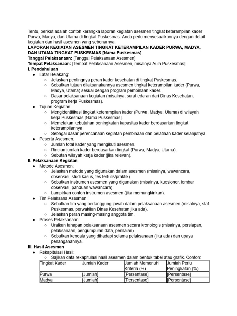 Contoh Hasil Laporan Kegiatan Asesmen Tingkat Kete... | PDF