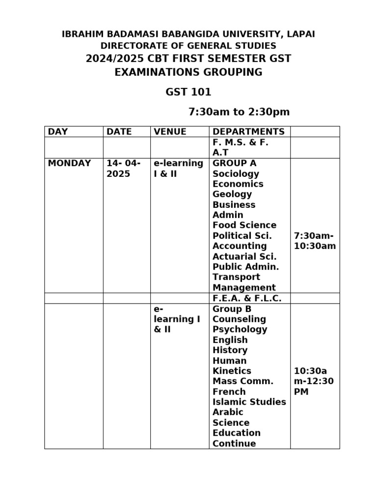 GST CBT GROUPING FIRST SEM EXAMS TIMETABLE | PDF | Science | Inquiry