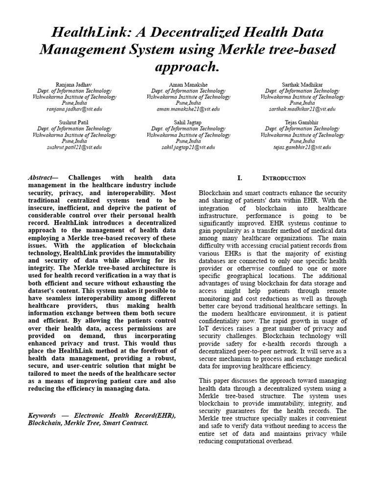 HealthLink: A Decentralized Health Data Management System Using Merkle ...