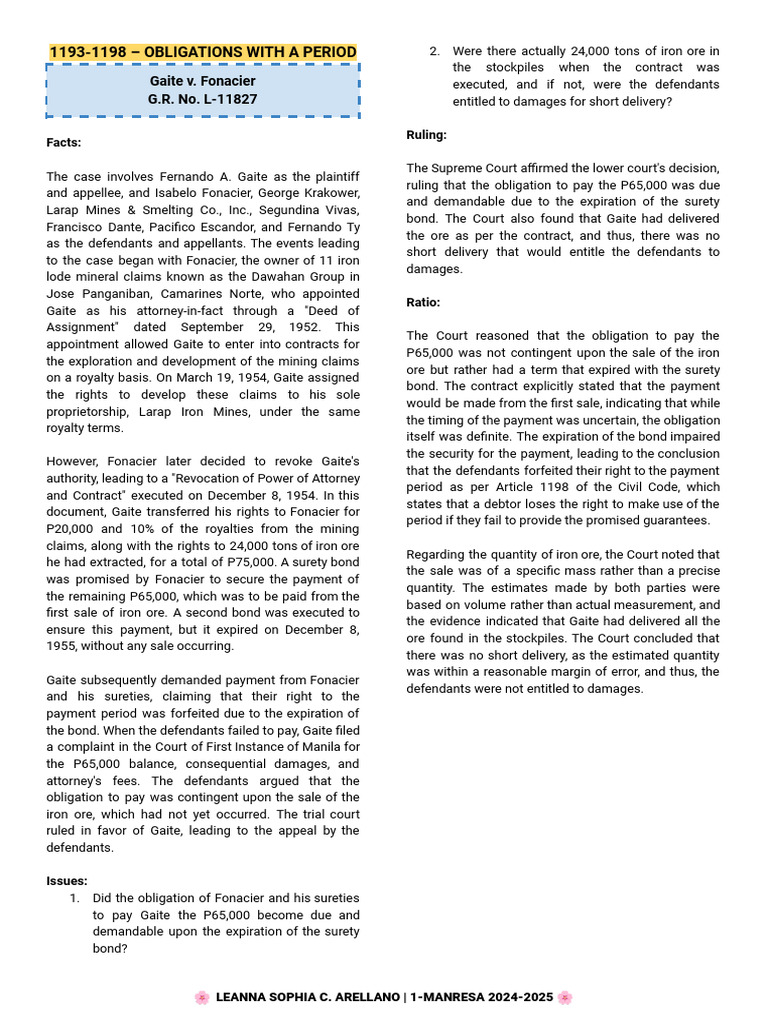 Oblicon - 1198 Case Digest - Gaite V Fonacier | PDF | Surety | Common Law