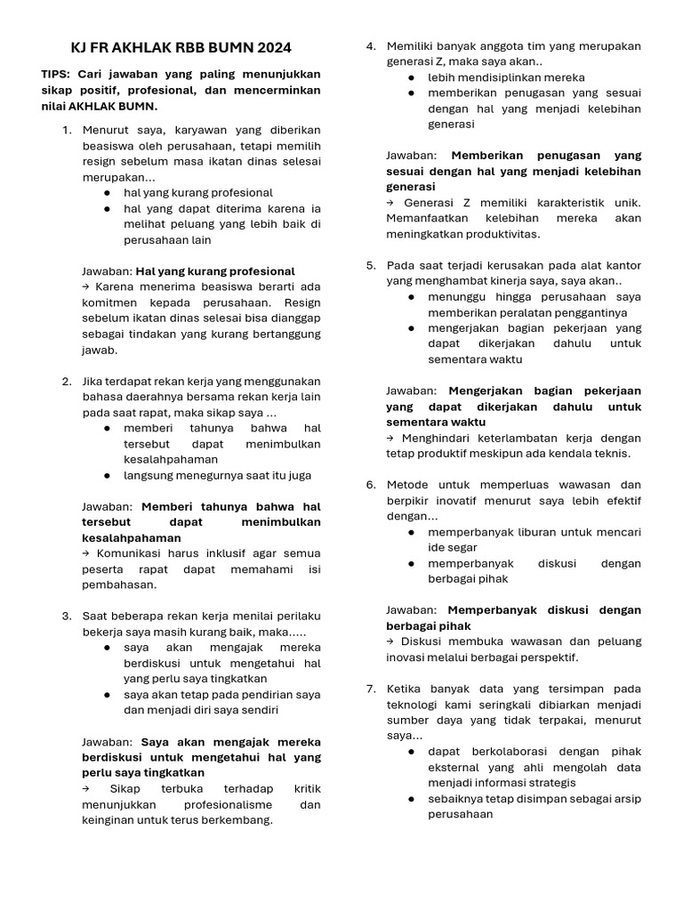 KJ FR AKHLAK RBB BUMN 2024 | PDF