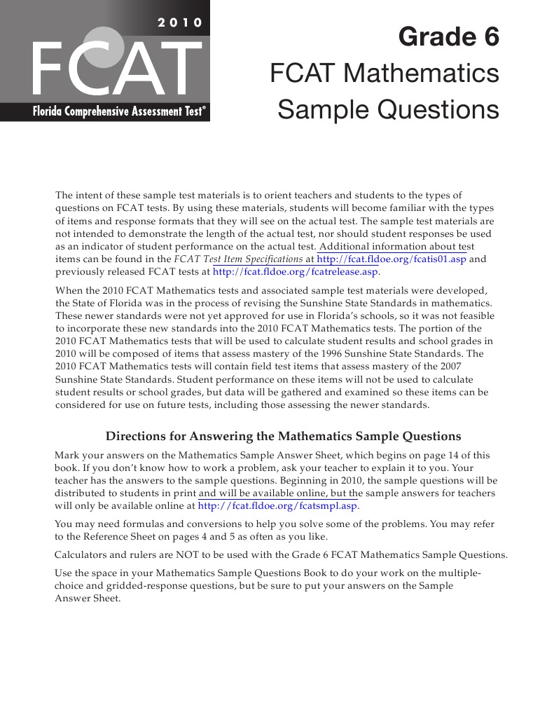 FCAT Mathematics Sample Questions: Grade 6 | PDF | Area | Fraction ...