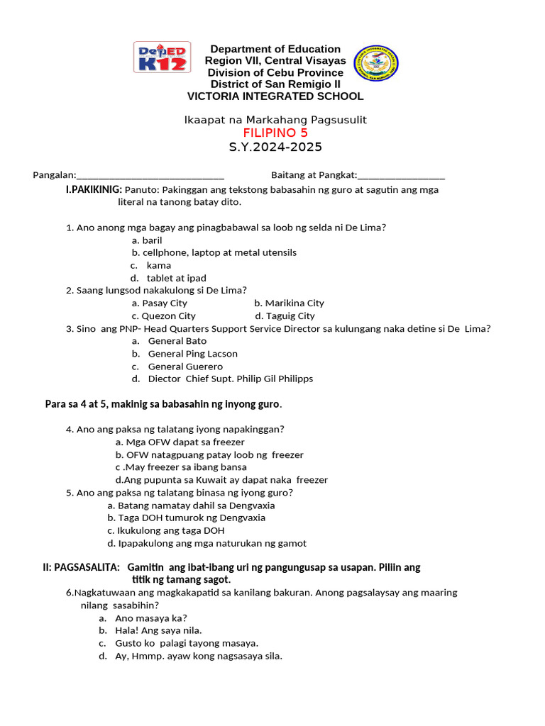 FILIPINO 5, TOS, Answer Key | PDF