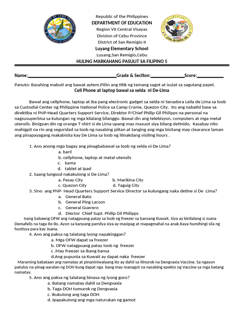FILIPINO 5, TOS, Answer Key | PDF