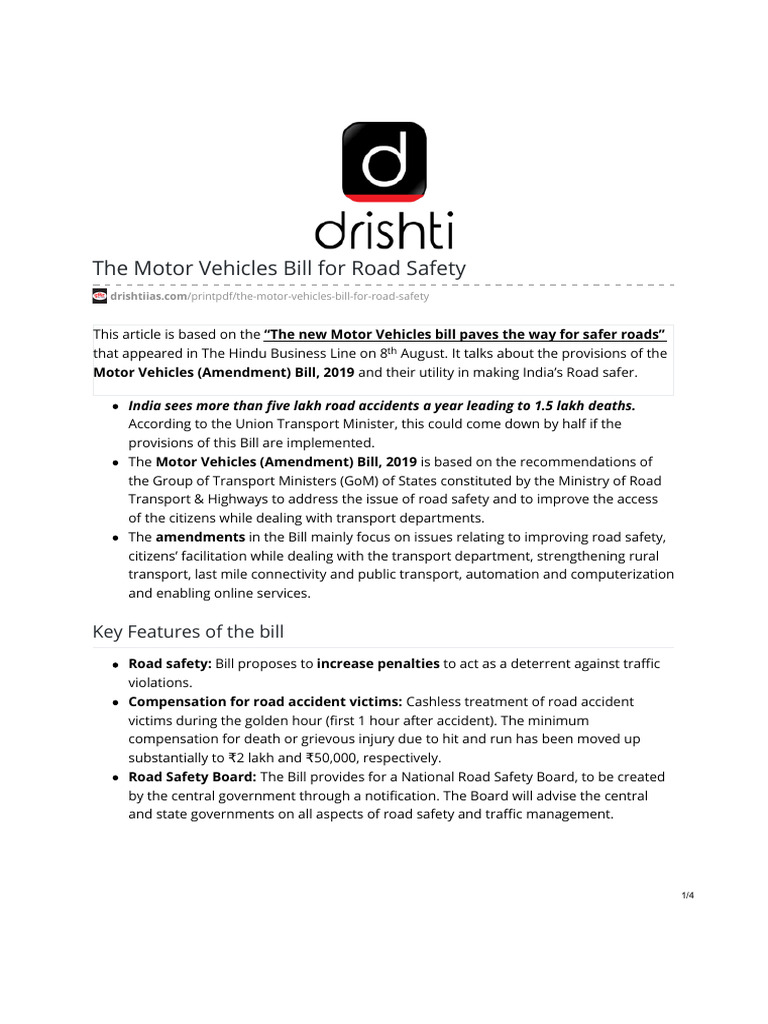 Motor Vehicles Bill: Enhancing Road Safety | PDF | Road Traffic Safety ...