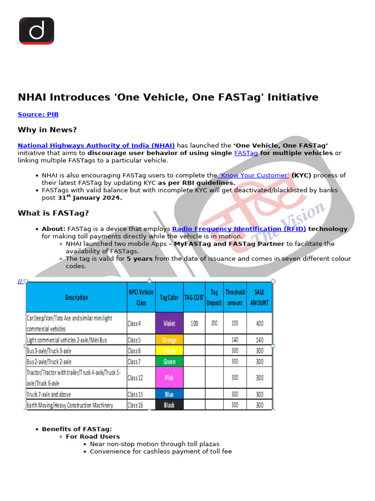 NHAI Introduces 'One Vehicle, One FASTag' Initiative | PDF | Radio ...