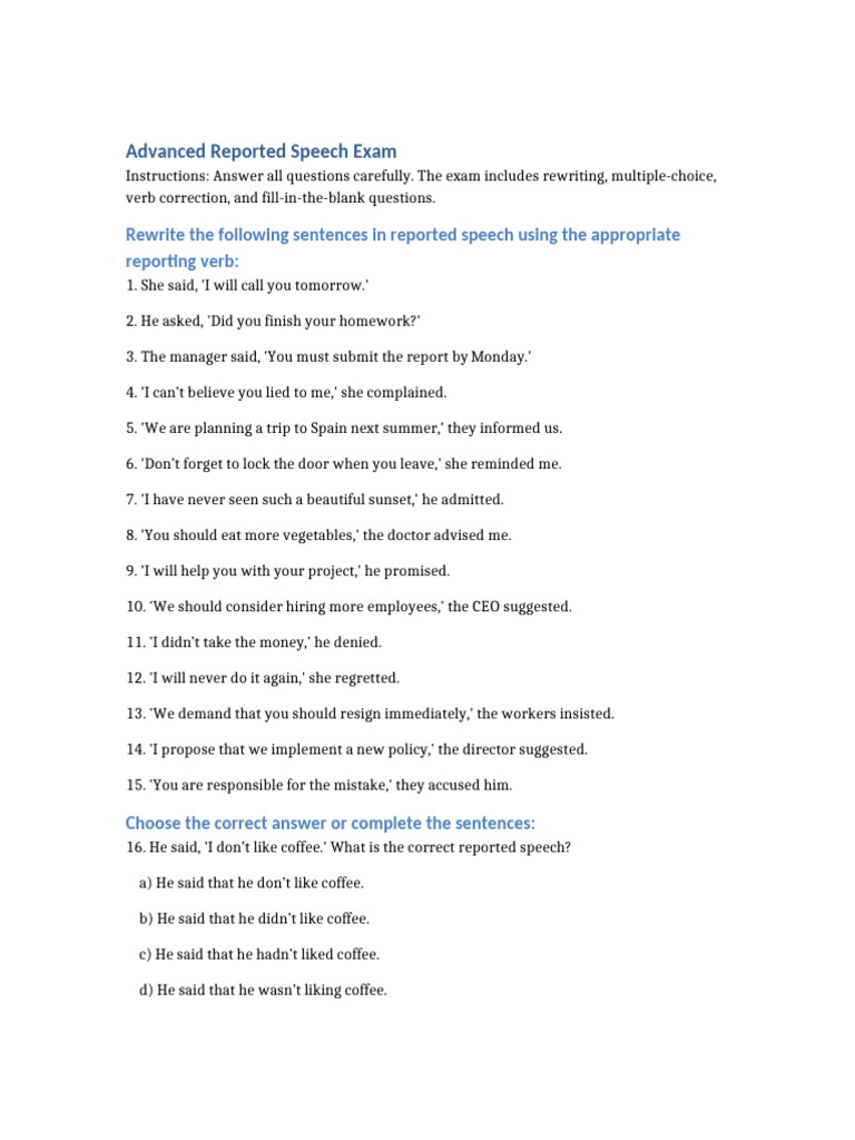 Advanced Reported Speech Exam Revised | PDF