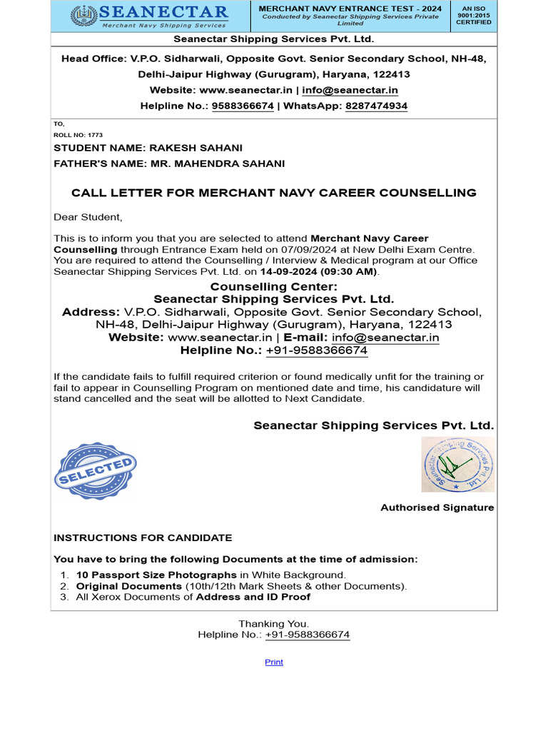 Seanectar Call Letter | PDF