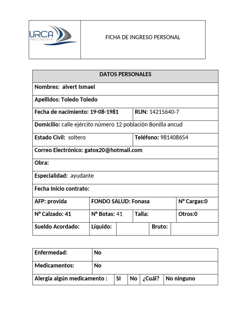 Ficha de Ingreso Personal | PDF