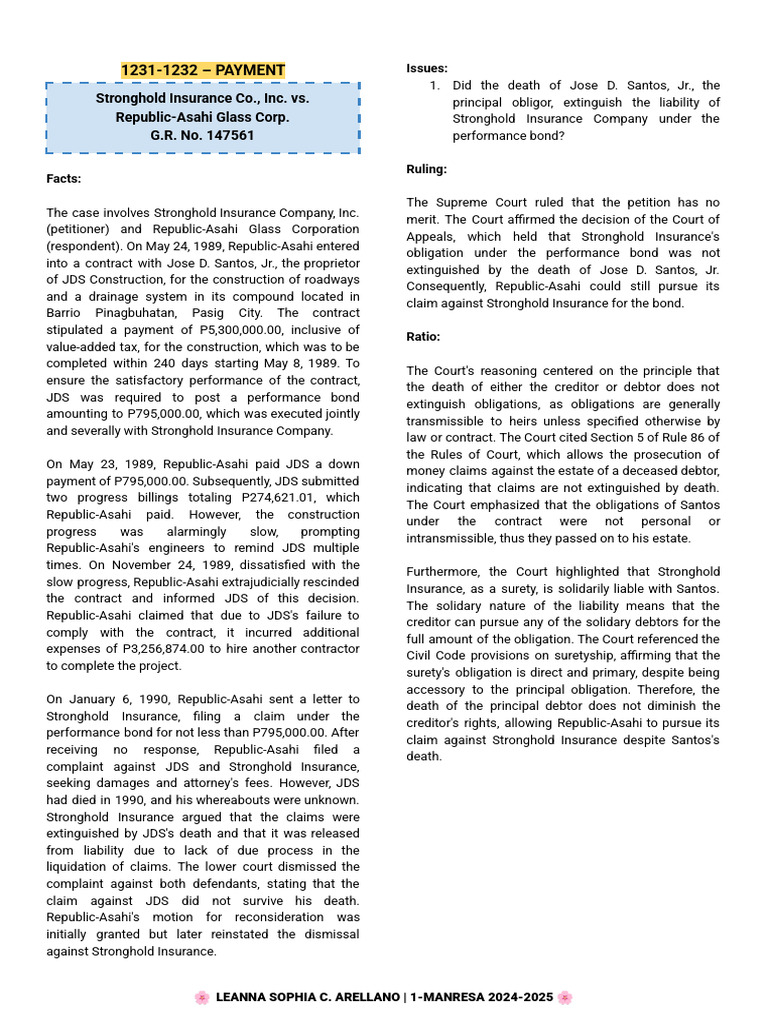 Oblicon - 1231 Case Digest - Stronghold Insurance Co., Inc. vs ...