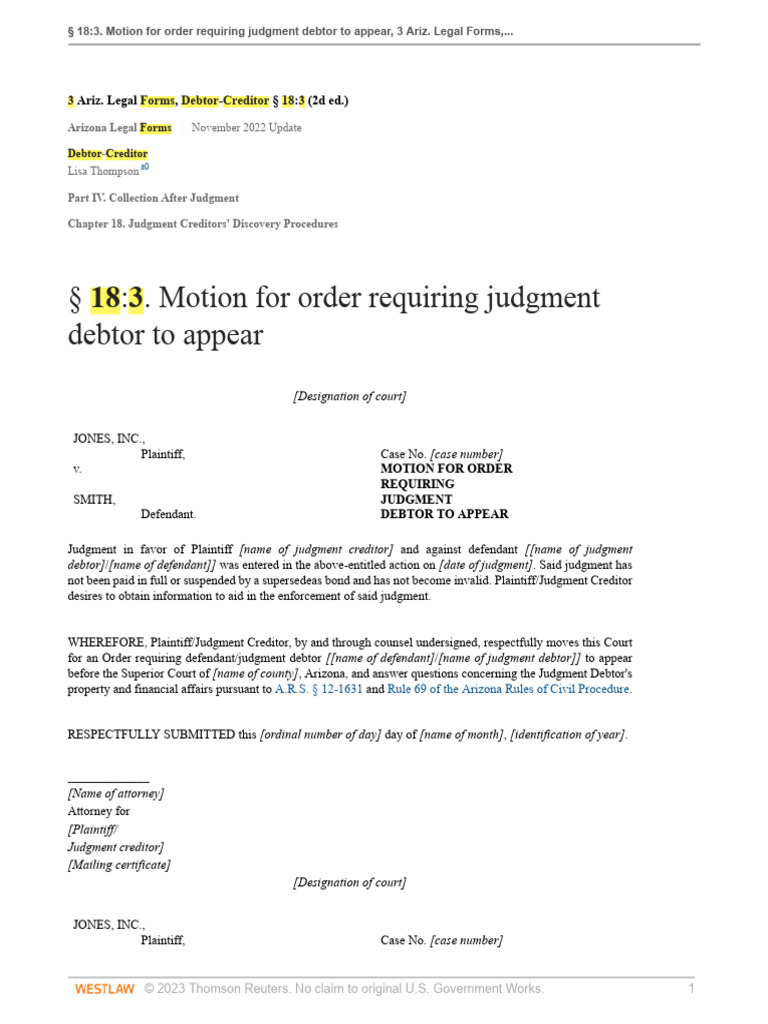 Judgment Debtor Form Motion For Order Requiring Judgment Debtor To Appear 18.3 2 | PDF ...