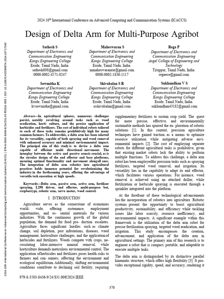 Design of Delta Arm For Multi-Purpose Agribot | PDF | Robotics | Weed