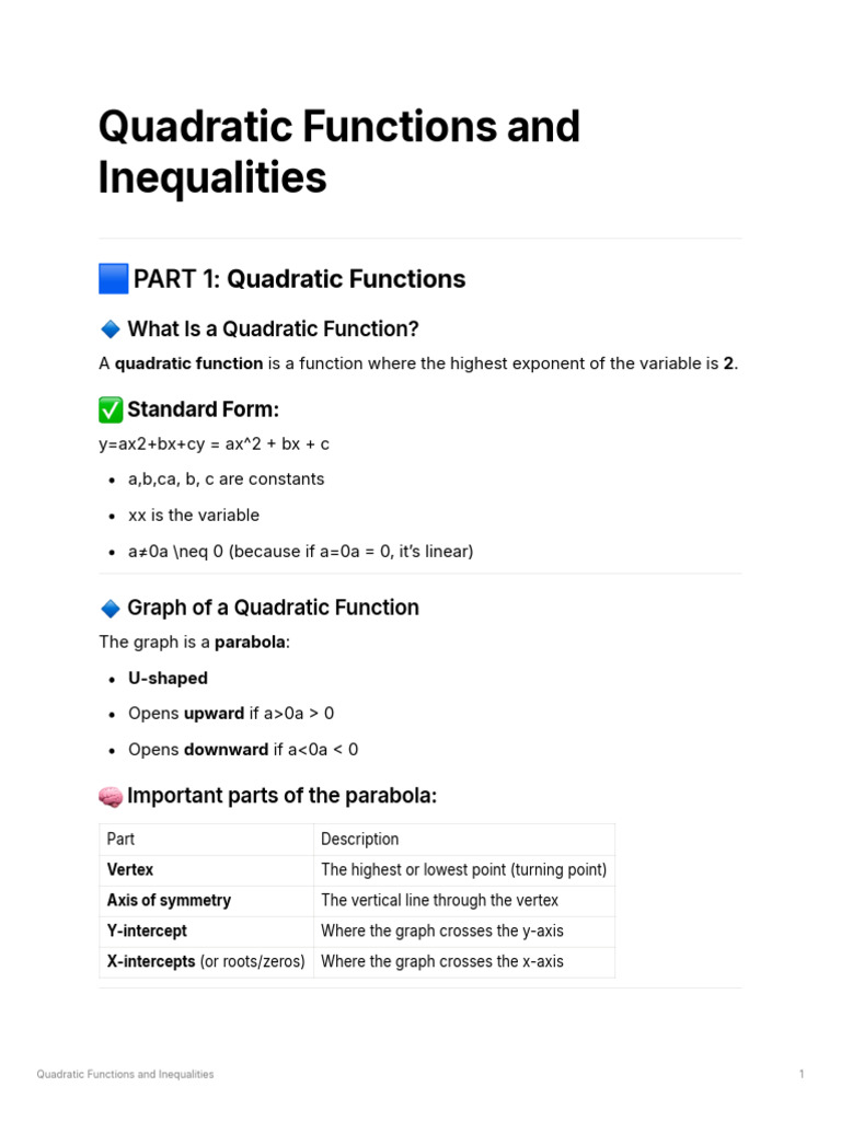 Quadratic Functions and Inequalities | PDF | Quadratic Equation ...