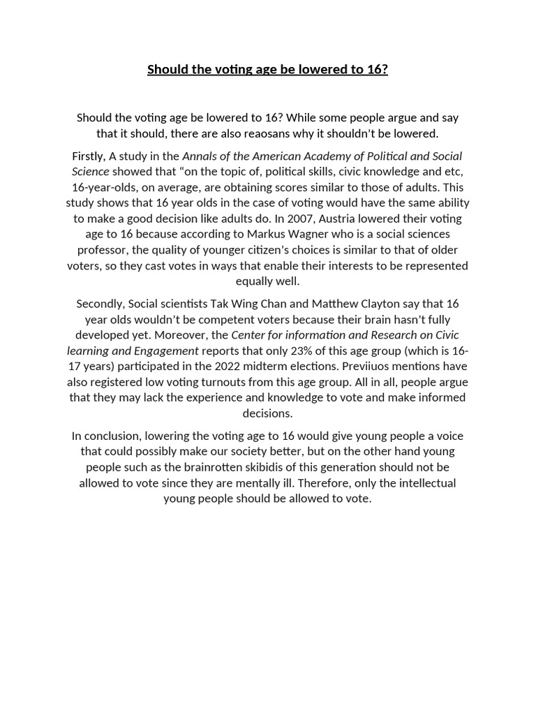 Should The Voting Age Be Lowered To 16 - Sunny | PDF
