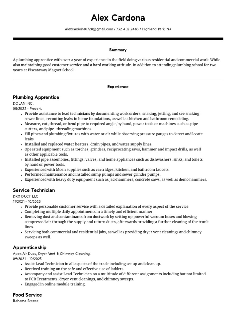 Alex Cardona Resume 1 | PDF | Plumbing | Duct (Flow)