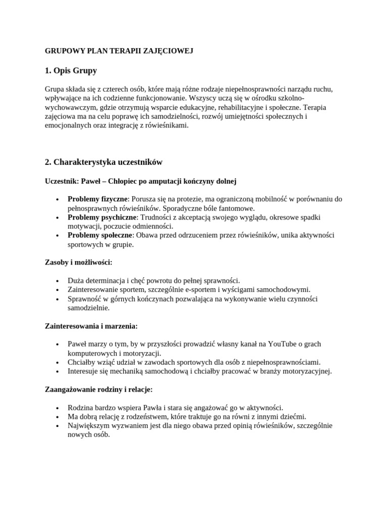 GRUPOWY PLAN TERAPII ZAJĘCIOWEJ - Charakterystyka Grupy | PDF