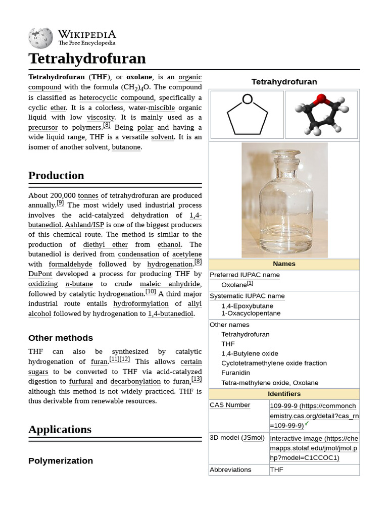 Tetrahydrofuran | PDF | Tetrahydrofuran | Chemical Compounds