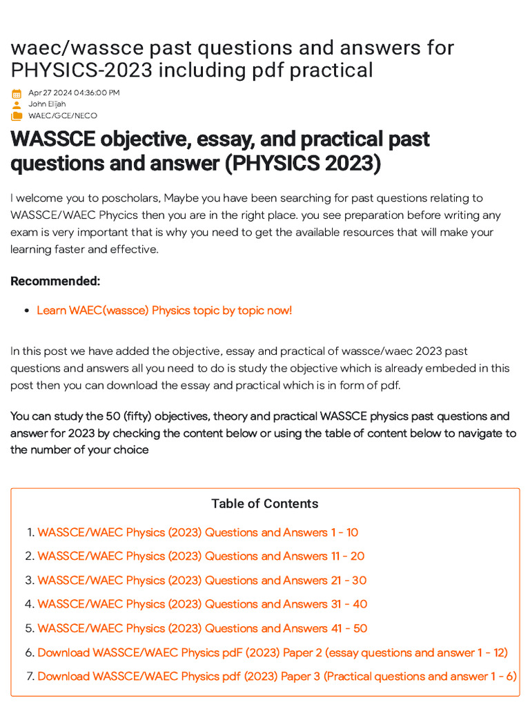 2023 WASSCE Physics Past Questions | PDF | Electromagnetic Induction ...