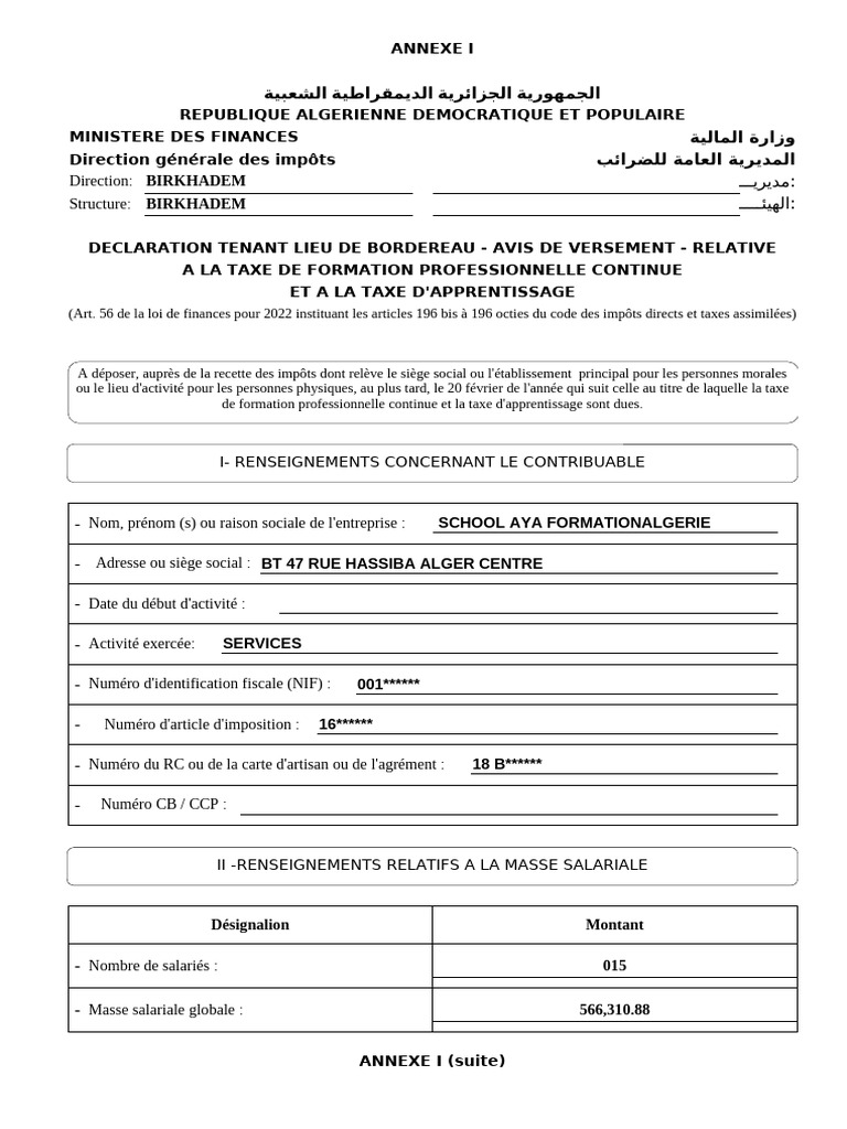 Déclaration Taxe Formation et Apprentissage | PDF | Impôts
