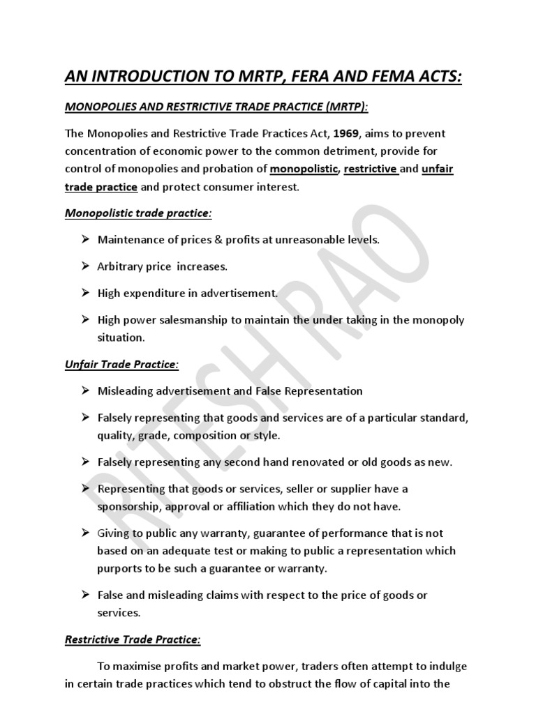 Overview of MRTP, FERA, and FEMA Acts | PDF | Foreign Exchange Market ...