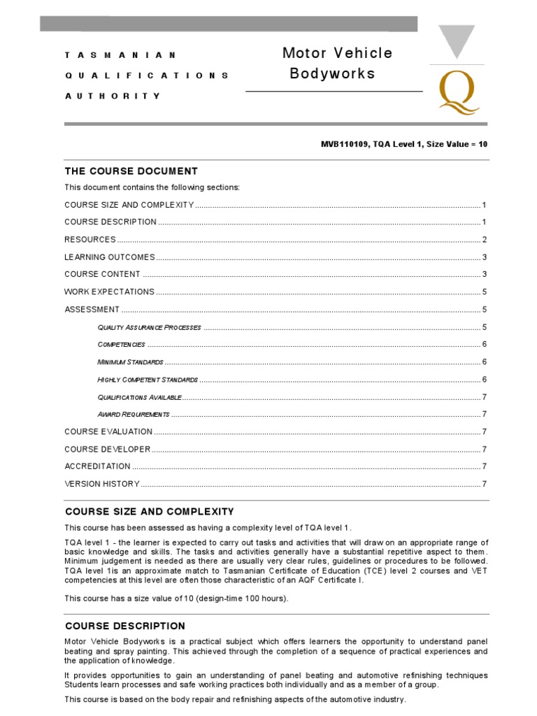 Motor Vehicle Bodyworks: The Course Document | PDF | Educational ...