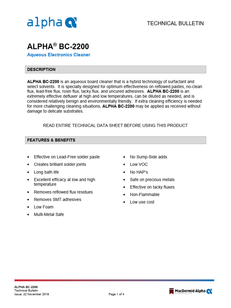 ALPHA BC-2200 Aqueous Cleaner Guide | PDF | Materials