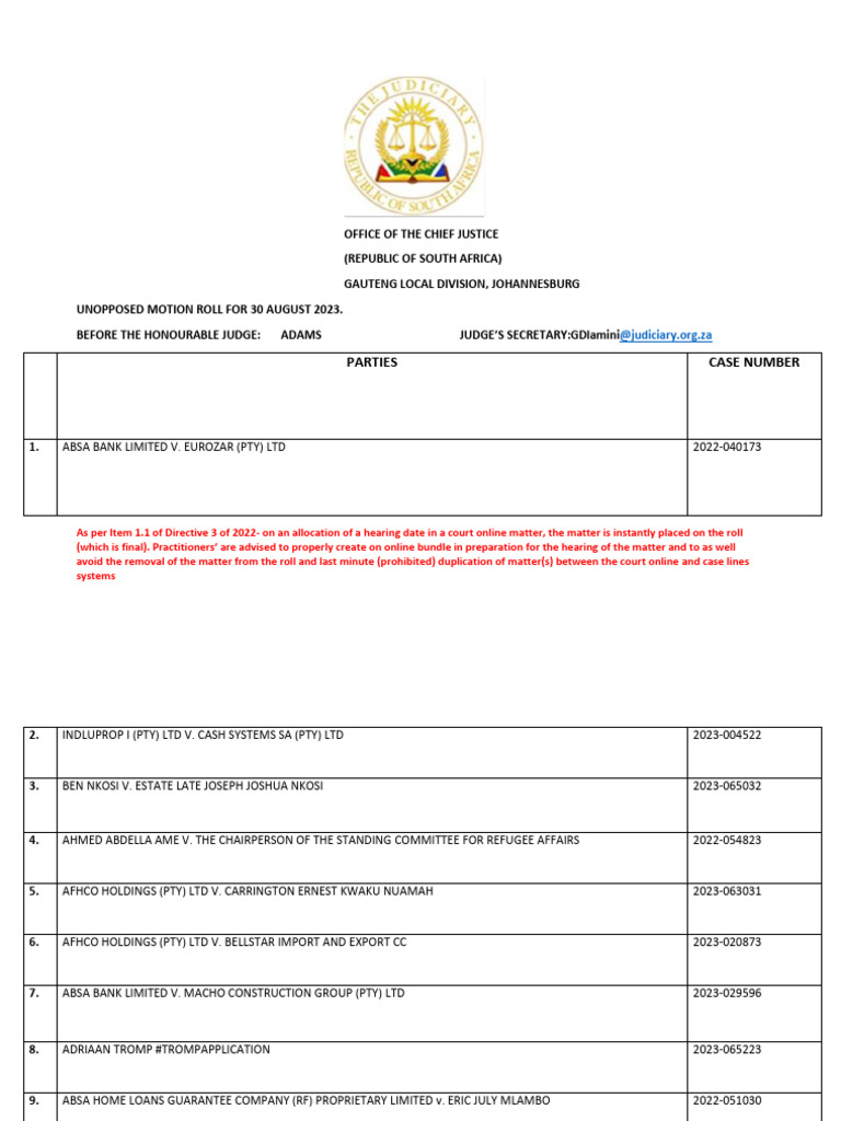 30 August 2023 - Johannesburg - Unopposed Motion Court Roll Adams J ...