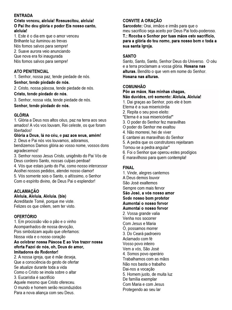 Cantos Missa 1 de Maio Rio Abaixo | PDF | Eucaristia | São José