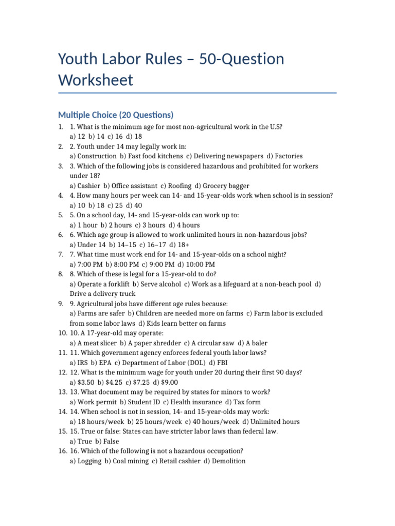 Youth_Labor_Rules_50_Question_Worksheet | PDF | Employment | Economies