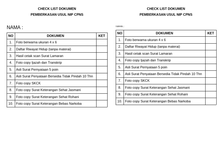 Checklist Dokumen Usul NIP CPNS | PDF