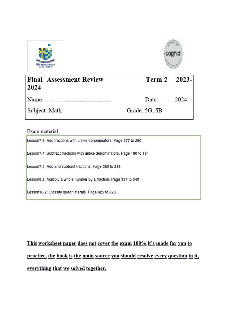 Final G5 Review Worksheet Term 2 2023 | PDF