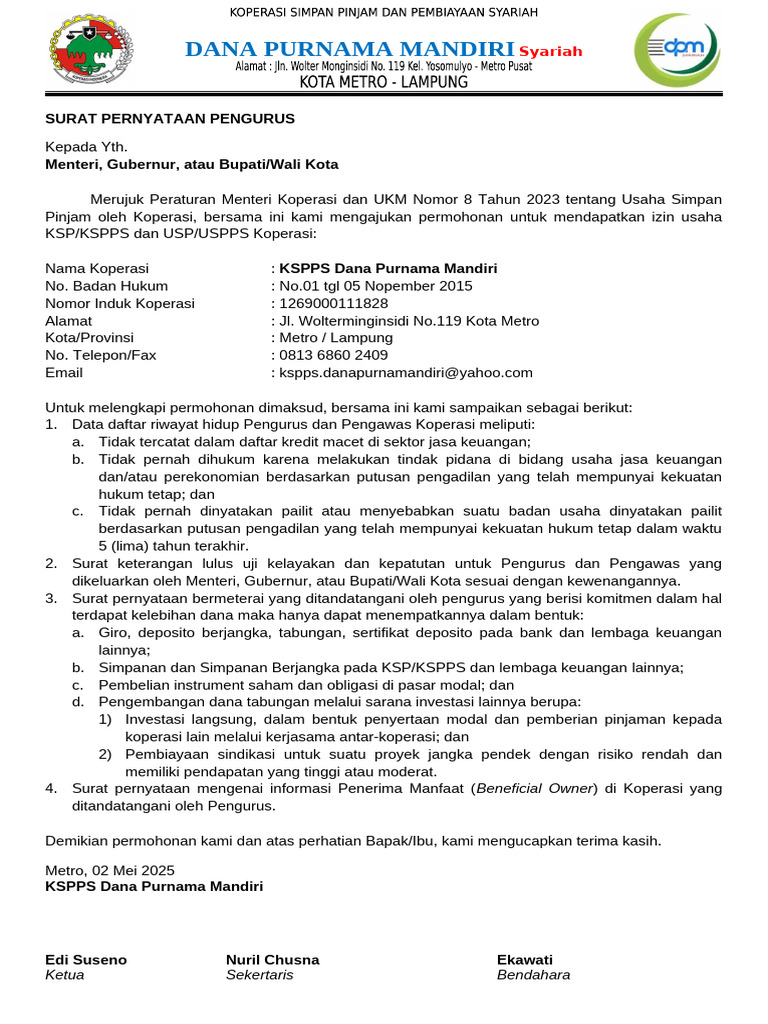 Surat Permohonan Untuk Izin Operasional Via Oss | PDF