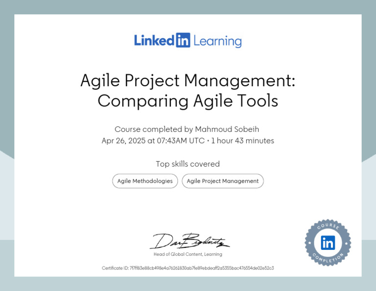CertificateOfCompletion - Agile Project Management Comparing Agile Tools | PDF