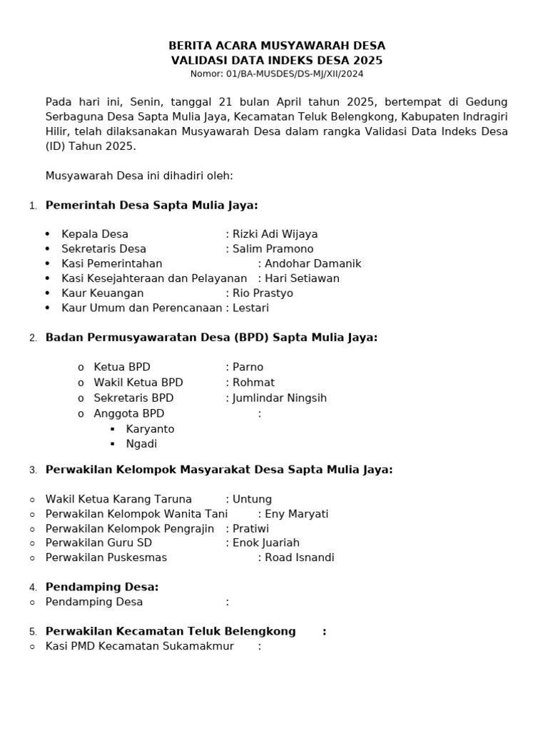 Contoh Berita Acara Musyawarah Desa Validasi Data Indeks Desa 2025 | PDF